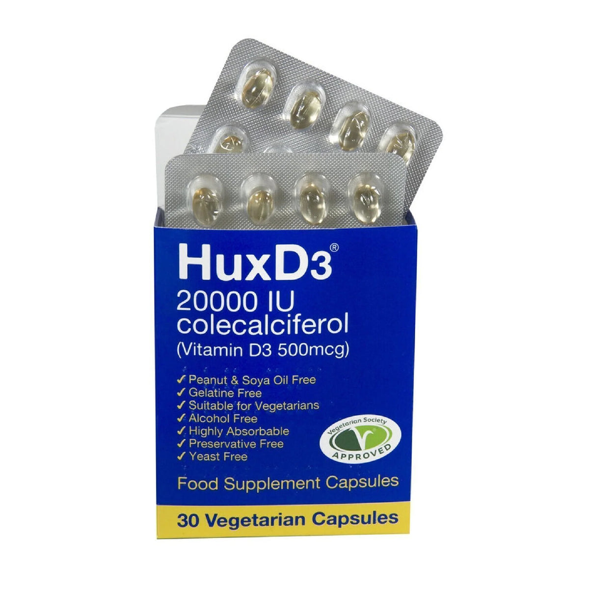Buy HuxD3 Colecalciferol 20000IU Vitamin D3 - 30 Capsules